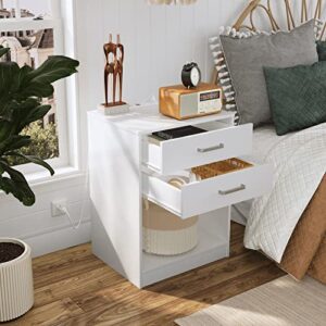 ADORNEVE Nightstand with Charging Station,White Night Stand for Bedroom, End Table Side Table Wooden Sofa Side Storage Stand Cabinet,with Sliding Drawer and Shelf