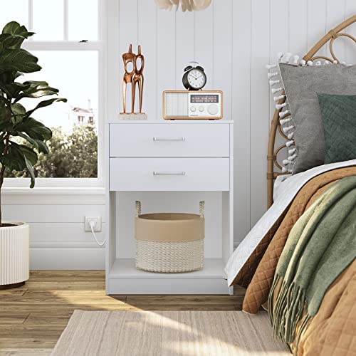 ADORNEVE Nightstand with Charging Station,White Night Stand for Bedroom, End Table Side Table Wooden Sofa Side Storage Stand Cabinet,with Sliding Drawer and Shelf