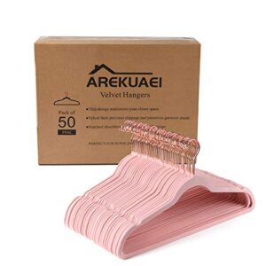 arekuaei premium blush pink velvet hangers (pack of 50) heavyduty - non slip - velvet suit hangers - copper/rose gold hooks,space saving clothes hangers