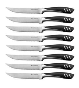 bellemain serrated steak knife set | serrated knife set, black steak knives, dinner knives | meat cutter knife set, sharp knife for cutting meat | serrated steak knives set of 8