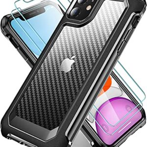 SUPBEC iPhone 11 Case, Slim Carbon Fiber Shockproof Protective Cover with Screen Protector [x2] [Military Grade Drop Protection] [Anti Scratch & Fingerprint], Phone Cases for iPhone 11, 6.1", Black