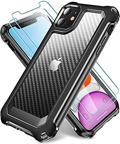 SUPBEC iPhone 11 Case, Slim Carbon Fiber Shockproof Protective Cover with Screen Protector [x2] [Military Grade Drop Protection] [Anti Scratch & Fingerprint], Phone Cases for iPhone 11, 6.1", Black