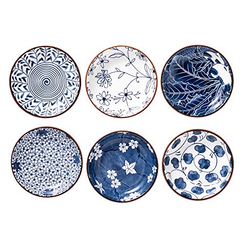 Japanese Style Ceramic Dipping Bowls,4 Inch Side Dishes Sauce Dishes for Sushi,Sauce,Snack and Soy,3 Oz Blue and White Pinch Bowls for Kitchen Prep - Set of 6(4 inch)