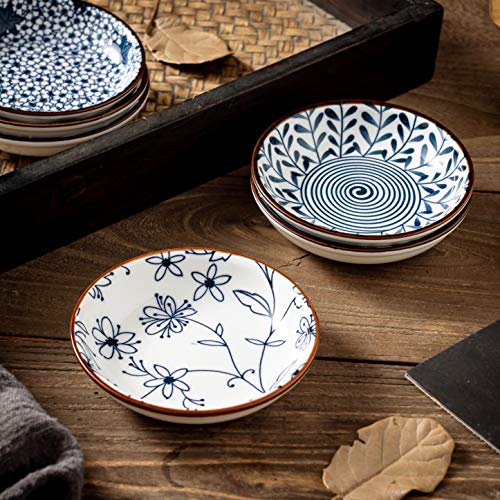 Japanese Style Ceramic Dipping Bowls,4 Inch Side Dishes Sauce Dishes for Sushi,Sauce,Snack and Soy,3 Oz Blue and White Pinch Bowls for Kitchen Prep - Set of 6(4 inch)