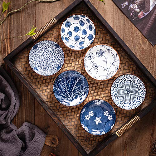 Japanese Style Ceramic Dipping Bowls,4 Inch Side Dishes Sauce Dishes for Sushi,Sauce,Snack and Soy,3 Oz Blue and White Pinch Bowls for Kitchen Prep - Set of 6(4 inch)