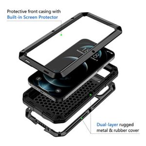 Lanhiem for iPhone 12 Pro Max Metal Case (6.7 inch), Heavy Duty Shockproof [Tough Armour] Case with Built-in Glass Screen Protector, 360 Full Body Dust Proof Protective Cover, Black