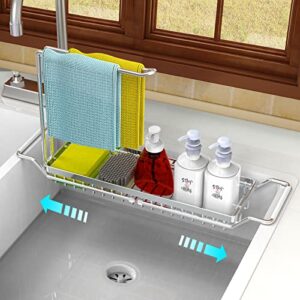 mindore sink caddy, telescopic sink storage rack, stainless steel sponge holder for kitchen sink, over sink sponge holder with dishcloth towel holder, adjustable sink rack for soap, scrubber brush