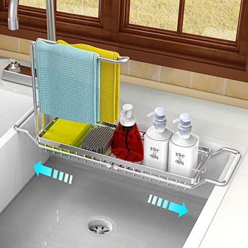 Mindore Sink Caddy, Telescopic Sink Storage Rack, Stainless Steel Sponge Holder for Kitchen Sink, Over Sink Sponge Holder with Dishcloth Towel Holder, Adjustable Sink Rack for Soap, Scrubber Brush