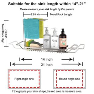 Mindore Sink Caddy, Telescopic Sink Storage Rack, Stainless Steel Sponge Holder for Kitchen Sink, Over Sink Sponge Holder with Dishcloth Towel Holder, Adjustable Sink Rack for Soap, Scrubber Brush