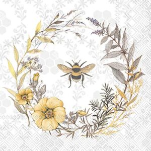 boston international ihr 3-ply cocktail beverage paper napkins, 20-count, 5 x 5-inches, bee wildflower wreath