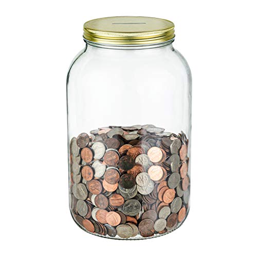 Large Coin Bank Jar with Slotted Gold Lid Holds Over $2,900 in Coins- Mason Money Jar Used for Piggy Bank and Raffle Ticket Drawing - Glass Money Jar Made in USA - Gallon