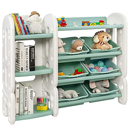 Costzon Kids Bookshelf with Toy Organizers and Storage, Multi-Purpose 4-Tier Shelf & 6 Removable Plastic Bins to Organize Books Toys, Toddler Bookcase for Playroom, Bedroom, Daycare, Nursery (Green)