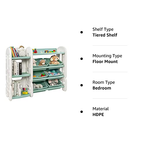 Costzon Kids Bookshelf with Toy Organizers and Storage, Multi-Purpose 4-Tier Shelf & 6 Removable Plastic Bins to Organize Books Toys, Toddler Bookcase for Playroom, Bedroom, Daycare, Nursery (Green)