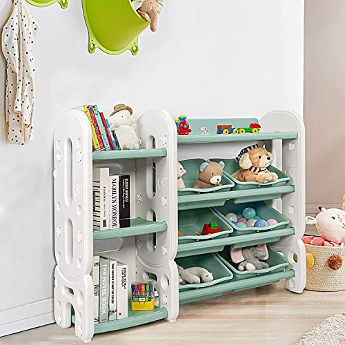 Costzon Kids Bookshelf with Toy Organizers and Storage, Multi-Purpose 4-Tier Shelf & 6 Removable Plastic Bins to Organize Books Toys, Toddler Bookcase for Playroom, Bedroom, Daycare, Nursery (Green)