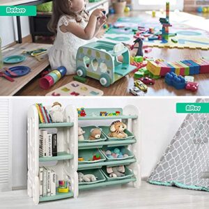 Costzon Kids Bookshelf with Toy Organizers and Storage, Multi-Purpose 4-Tier Shelf & 6 Removable Plastic Bins to Organize Books Toys, Toddler Bookcase for Playroom, Bedroom, Daycare, Nursery (Green)