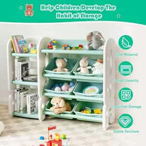 Costzon Kids Bookshelf with Toy Organizers and Storage, Multi-Purpose 4-Tier Shelf & 6 Removable Plastic Bins to Organize Books Toys, Toddler Bookcase for Playroom, Bedroom, Daycare, Nursery (Green)