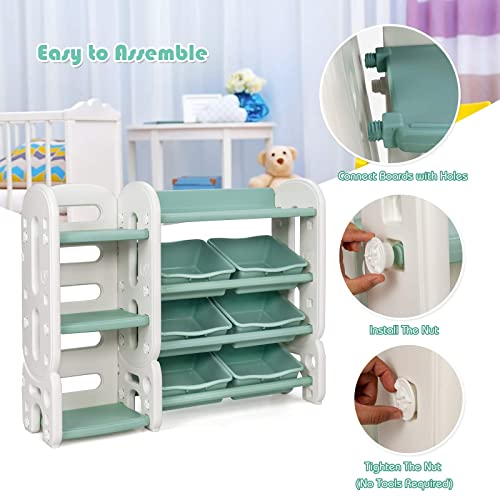 Costzon Kids Bookshelf with Toy Organizers and Storage, Multi-Purpose 4-Tier Shelf & 6 Removable Plastic Bins to Organize Books Toys, Toddler Bookcase for Playroom, Bedroom, Daycare, Nursery (Green)