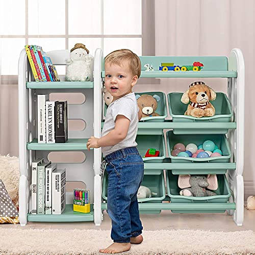 Costzon Kids Bookshelf with Toy Organizers and Storage, Multi-Purpose 4-Tier Shelf & 6 Removable Plastic Bins to Organize Books Toys, Toddler Bookcase for Playroom, Bedroom, Daycare, Nursery (Green)