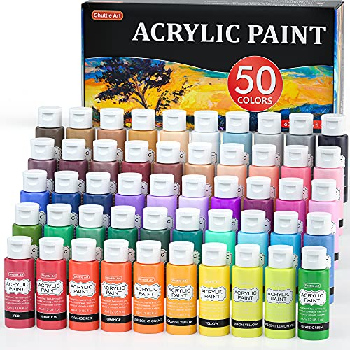 Shuttle Art Acrylic Paint, 50 Colors Acrylic Paint Set, 2oz/60ml Bottles, Rich Pigmented, Water Proof, Premium Acrylic Paints for Artists, Beginners and Kids on Canvas Rocks Wood Ceramic Fabric