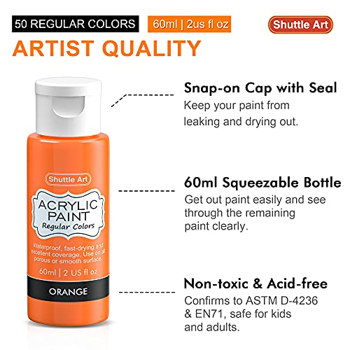 Shuttle Art Acrylic Paint, 50 Colors Acrylic Paint Set, 2oz/60ml Bottles, Rich Pigmented, Water Proof, Premium Acrylic Paints for Artists, Beginners and Kids on Canvas Rocks Wood Ceramic Fabric