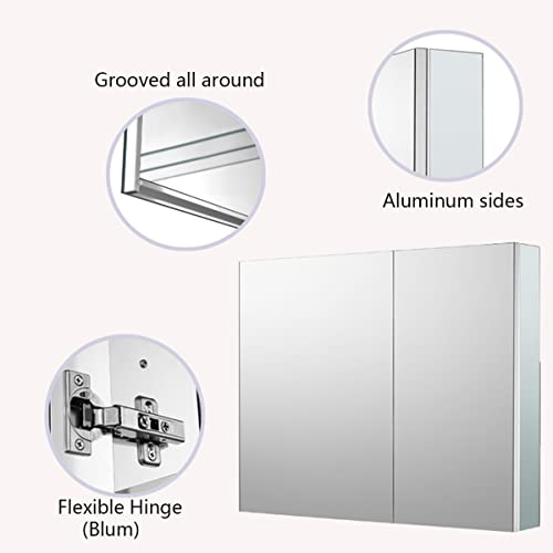 Sunrosa Aluminum Bathroom Medicine Cabinet with Mirror Door, 30"×27.5" Bathroom Mirror Cabinet, Wall-mountable and Recessed-in Mirror Cabinet, 2 Doors Medicine Cabinet Organizer II