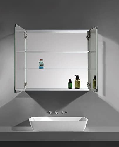 Sunrosa Aluminum Bathroom Medicine Cabinet with Mirror Door, 30"×27.5" Bathroom Mirror Cabinet, Wall-mountable and Recessed-in Mirror Cabinet, 2 Doors Medicine Cabinet Organizer II