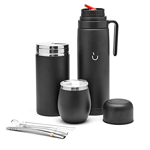 BALIBETOV Complete Yerba Mate Set - Modern Mate Gourd, Thermos, Yerba Container, Bombilla and Cleaning Brush Included - All Premium Quality 304 18/8 Stainless Steel (BLACK)