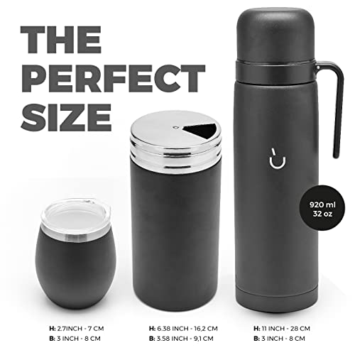 BALIBETOV Complete Yerba Mate Set - Modern Mate Gourd, Thermos, Yerba Container, Bombilla and Cleaning Brush Included - All Premium Quality 304 18/8 Stainless Steel (BLACK)