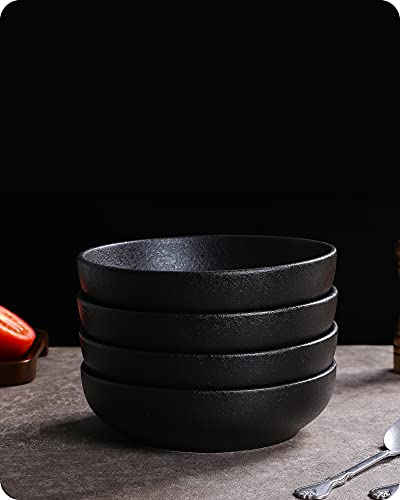 Lareina Pasta Bowls, Ceramic Salad Bowl, Large Serving Bowls, Wide and Shallow, Microwave and Dishwasher Safe, Chip and Scratch Resistant, 35 Ounce - Set of 4 (Cast Iron Black)