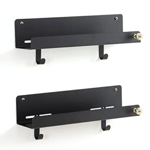 elsker&home black floating shelves for wall mounted,decorative metal shelf with 4 hooks，modern floating bookshelf set of 2 pack，15.8”lx4”wx3.6”h