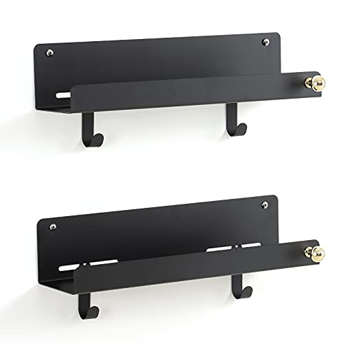 ELSKER&HOME Black Floating Shelves for Wall Mounted,Decorative Metal Shelf with 4 Hooks，Modern Floating Bookshelf Set of 2 Pack，15.8”Lx4”Wx3.6”H