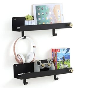 ELSKER&HOME Black Floating Shelves for Wall Mounted,Decorative Metal Shelf with 4 Hooks，Modern Floating Bookshelf Set of 2 Pack，15.8”Lx4”Wx3.6”H