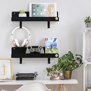 ELSKER&HOME Black Floating Shelves for Wall Mounted,Decorative Metal Shelf with 4 Hooks，Modern Floating Bookshelf Set of 2 Pack，15.8”Lx4”Wx3.6”H