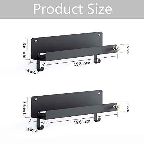 ELSKER&HOME Black Floating Shelves for Wall Mounted,Decorative Metal Shelf with 4 Hooks，Modern Floating Bookshelf Set of 2 Pack，15.8”Lx4”Wx3.6”H