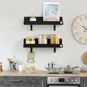 ELSKER&HOME Black Floating Shelves for Wall Mounted,Decorative Metal Shelf with 4 Hooks，Modern Floating Bookshelf Set of 2 Pack，15.8”Lx4”Wx3.6”H