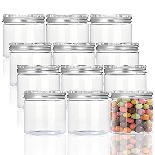 12 Pack Clear Plastic Jars Containers with Screw On Lids,Refillable Wide-Mouth Plastic Slime Storage Containers for Beauty Products,Kitchen & Household Storage - BPA Free (8.45 Ounce)