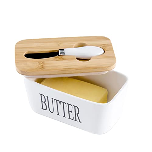 Hasense Porcelain Butter Dish with Bamboo Lid - Covered Butter Dish with Butter Knife for Countertop, Airtight Butter Container with Cover Perfect for East West Coast Butter, White