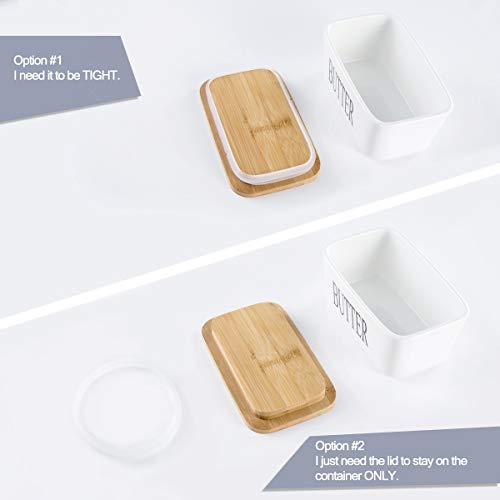 Hasense Porcelain Butter Dish with Bamboo Lid - Covered Butter Dish with Butter Knife for Countertop, Airtight Butter Container with Cover Perfect for East West Coast Butter, White