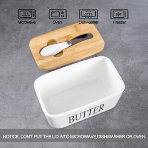 Hasense Porcelain Butter Dish with Bamboo Lid - Covered Butter Dish with Butter Knife for Countertop, Airtight Butter Container with Cover Perfect for East West Coast Butter, White