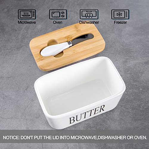 Hasense Porcelain Butter Dish with Bamboo Lid - Covered Butter Dish with Butter Knife for Countertop, Airtight Butter Container with Cover Perfect for East West Coast Butter, White