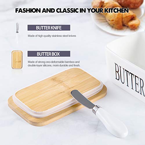 Hasense Porcelain Butter Dish with Bamboo Lid - Covered Butter Dish with Butter Knife for Countertop, Airtight Butter Container with Cover Perfect for East West Coast Butter, White