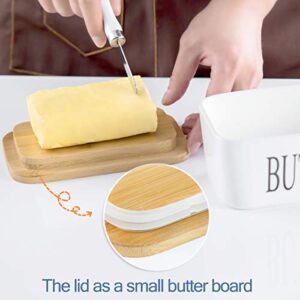 Hasense Porcelain Butter Dish with Bamboo Lid - Covered Butter Dish with Butter Knife for Countertop, Airtight Butter Container with Cover Perfect for East West Coast Butter, White