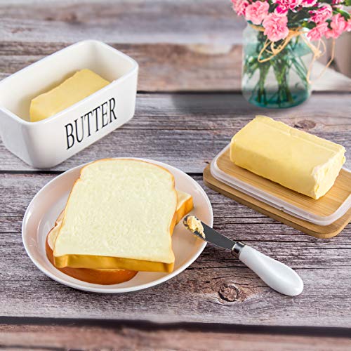 Hasense Porcelain Butter Dish with Bamboo Lid - Covered Butter Dish with Butter Knife for Countertop, Airtight Butter Container with Cover Perfect for East West Coast Butter, White