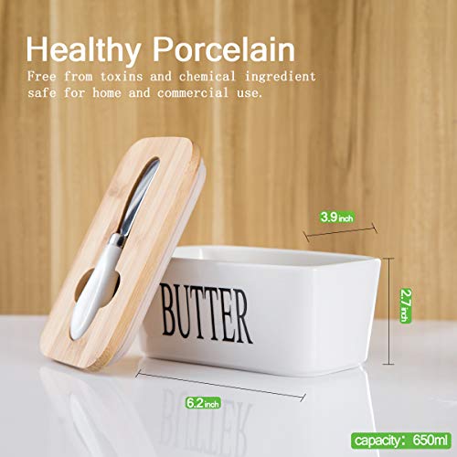 Hasense Porcelain Butter Dish with Bamboo Lid - Covered Butter Dish with Butter Knife for Countertop, Airtight Butter Container with Cover Perfect for East West Coast Butter, White