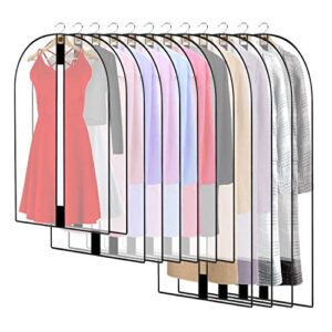 pwsap 12 pack breathable clothes covers with zip, hanging garment covers bags dress bag covers moth-proof mens suit storage bag dust cover for wardrobe storage and travel(clear)