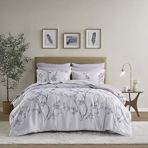 Comfort Spaces Bed in A Bag - Trendy Casual Design Cozy Comforter with Complete Sheet Set with Side Pocket, All Season Cover, Matching Shams Queen(90"x90"), Kate, Grey/Purple 9 Piece