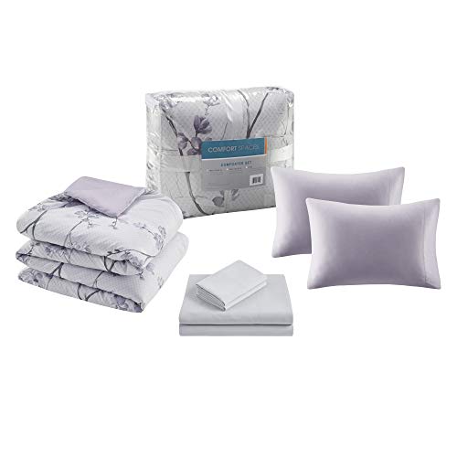 Comfort Spaces Bed in A Bag - Trendy Casual Design Cozy Comforter with Complete Sheet Set with Side Pocket, All Season Cover, Matching Shams Queen(90"x90"), Kate, Grey/Purple 9 Piece