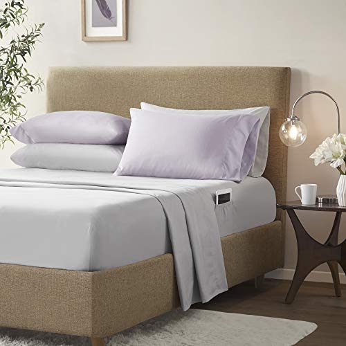 Comfort Spaces Bed in A Bag - Trendy Casual Design Cozy Comforter with Complete Sheet Set with Side Pocket, All Season Cover, Matching Shams Queen(90"x90"), Kate, Grey/Purple 9 Piece