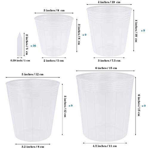 ELCOHO 36 Pack 6/5/4/3 Inch Plant Nursery Pots Transparent Plastic Gardening Pot Soft Seed Starting Pot Flower Plant Container with Drainage Hole for Seedling Succulent Vegetable Flowers