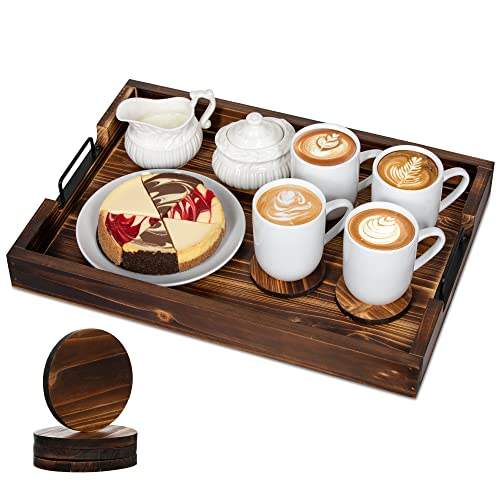 Bamboo Serving Tray- Decorative Wooden Tray 19.5 x 13.5 inches with Metal Handles, Including 4 Round Wooden Coasters, Lightweight Breakfast Tray, Coffee Table Tray, Living Room Tray, by D-homedeals